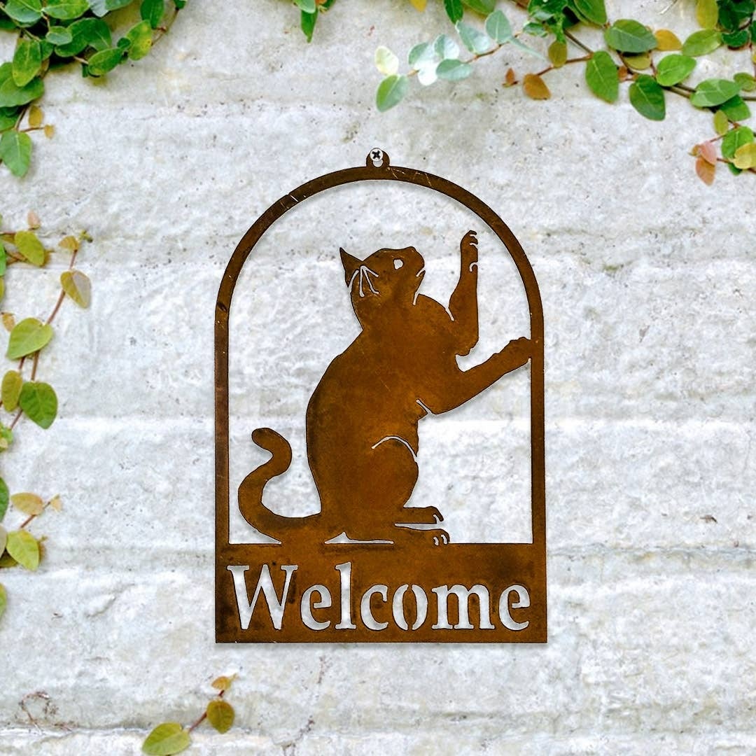 Metal Rust/Nat Cat Welcome Sign Garden Art | The Cozy Nest